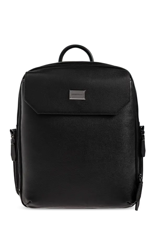 Emporio Armani Leather Backpack With Logo Patch - Black