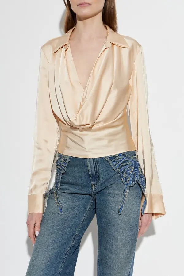 Blumarine Satin Long-sleeve Top With Decorative Neckline - Pink