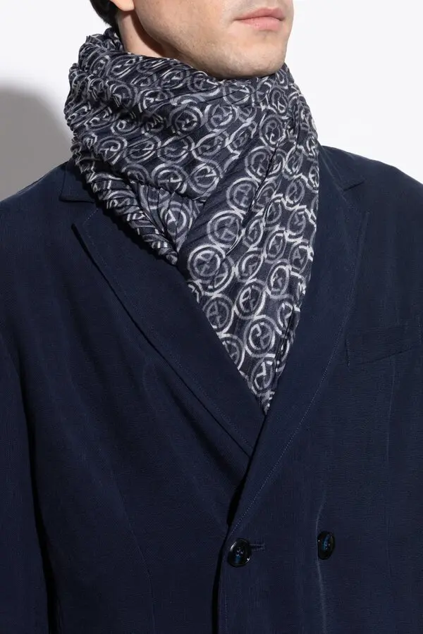 Giorgio Armani Pleated Scarf With Monogram - Navy Blue