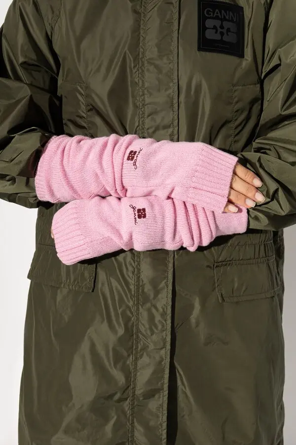 GANNI Long Fingerless Knit Gloves - Pink