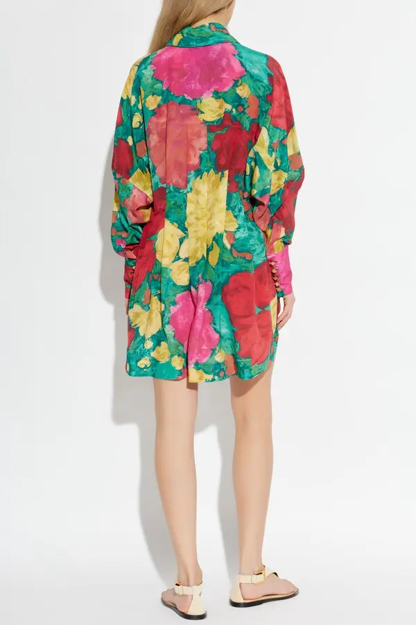 Balmain Floral Silk Mini Shirt Dress