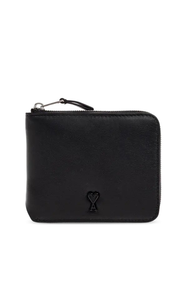 Ami Leather Wallet With Logo - Black