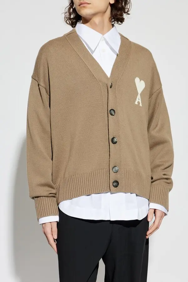 Ami Cardigan With Logo - Brown