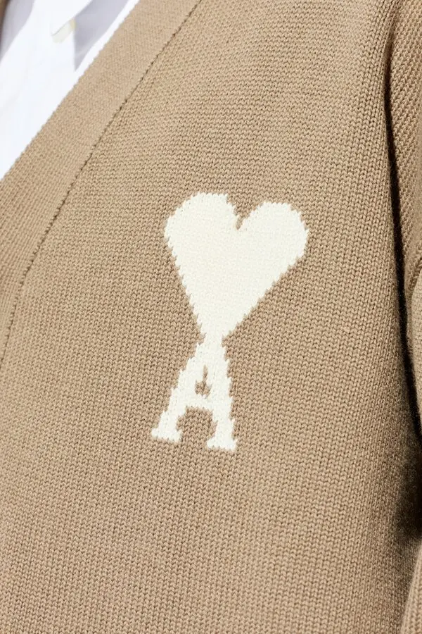 Ami Cardigan With Logo - Brown