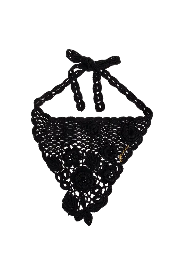 GANNI Crocheted Headscarf With Floral Embellishments And Gold Tone Logo Pin - Black