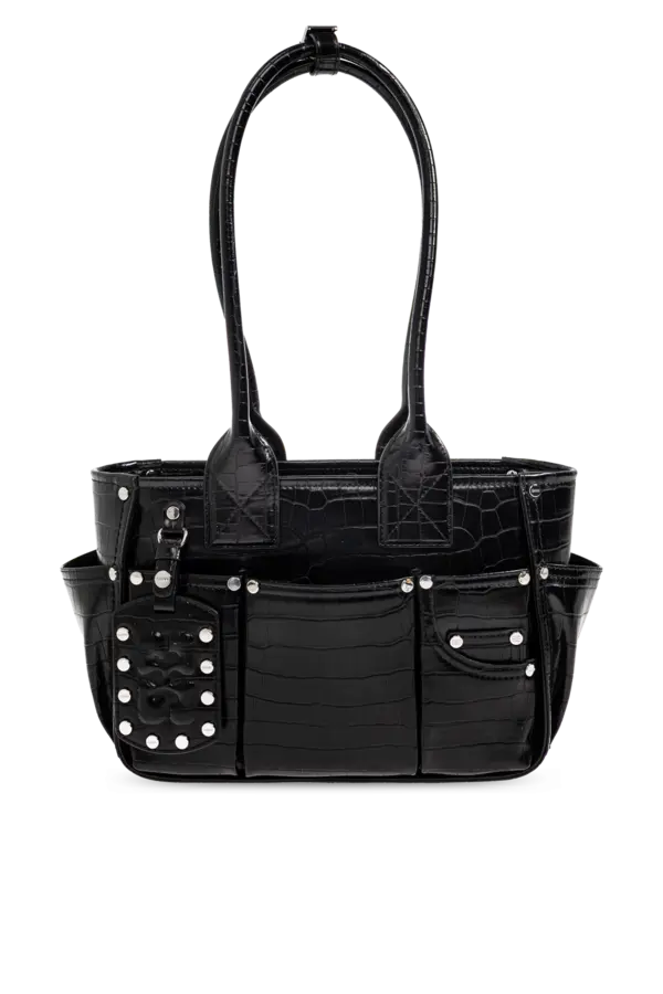 GANNI Croc-embossed Leather Shoulder Bag - Black