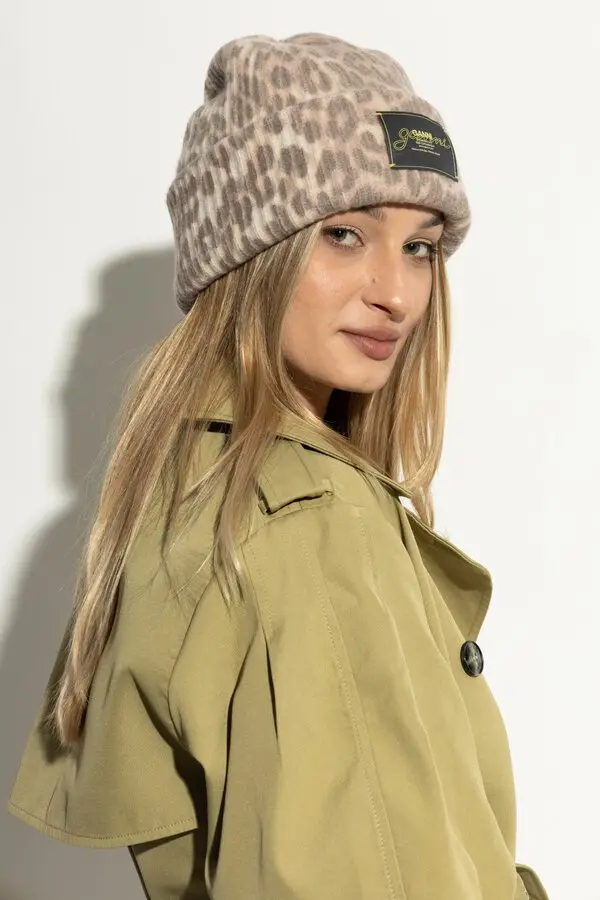 GANNI Animal Print Beanie - Beige