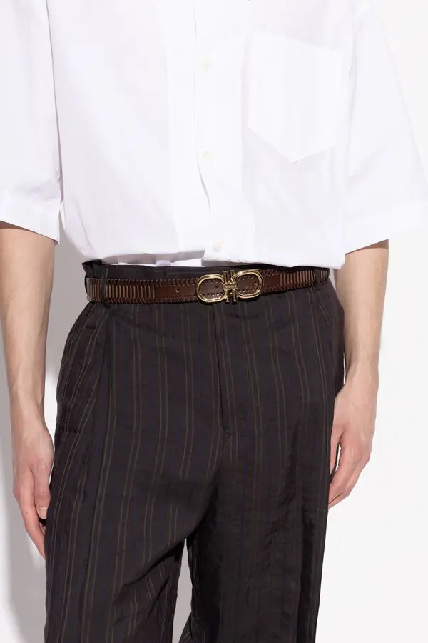 FERRAGAMO Leather Belt With Gold Tone Buckle - Brown