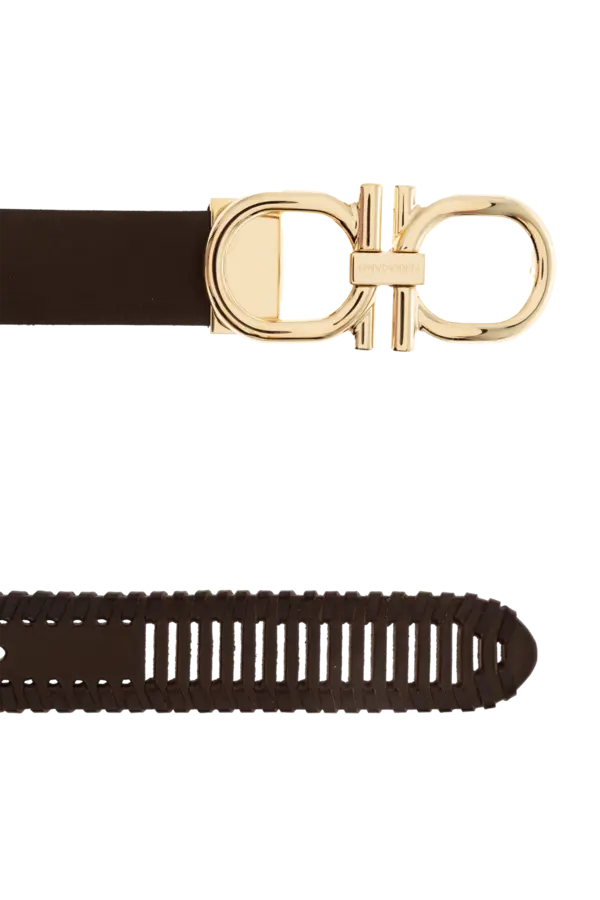 FERRAGAMO Leather Belt With Gold Tone Buckle - Brown