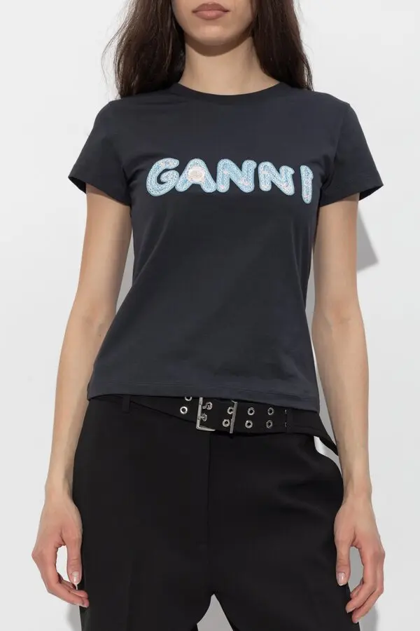 GANNI T-shirt With Embroidered Logo - Black