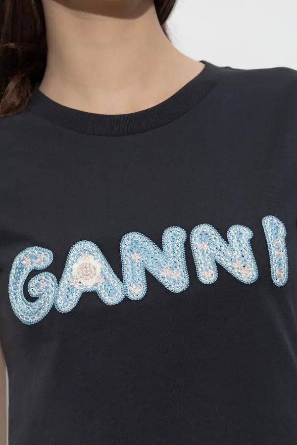 GANNI T-shirt With Embroidered Logo - Black