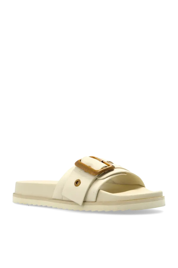 ALLSAINTS Ellie Leather Slides With Golden Buckle - Cream