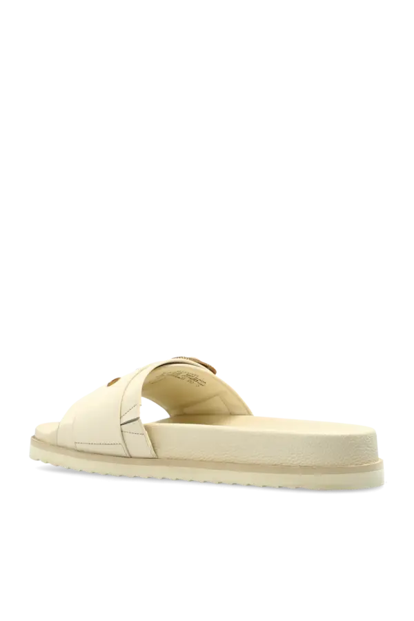 ALLSAINTS Ellie Leather Slides With Golden Buckle - Cream