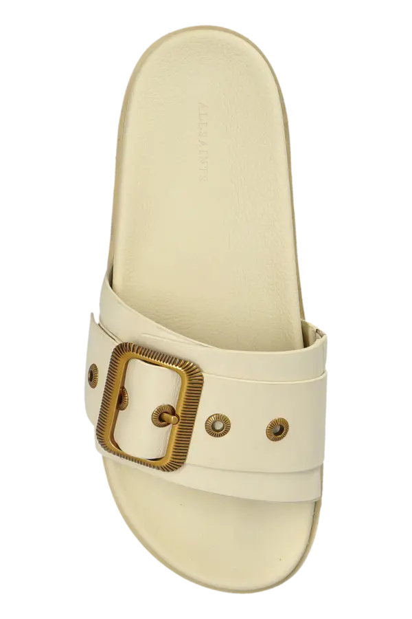 ALLSAINTS Ellie Leather Slides With Golden Buckle - Cream