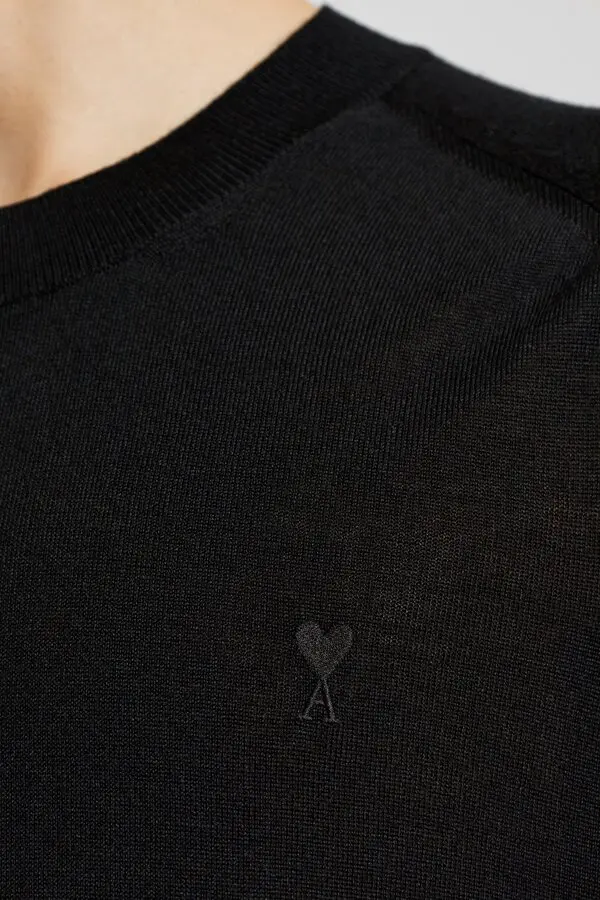 Ami Wool Sweater With Embroidered Logo - Black