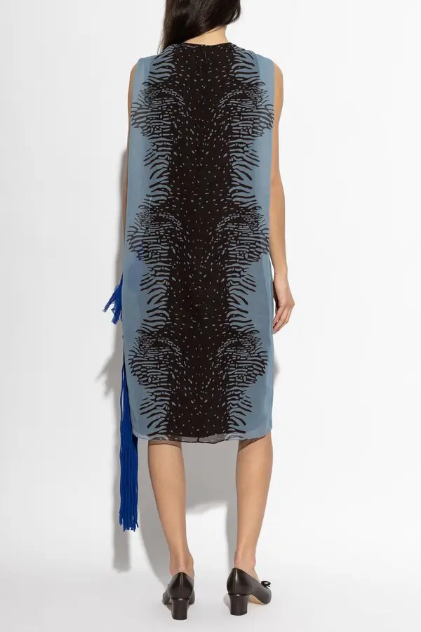 FERRAGAMO Silk Midi Dress With Fringe - Blue