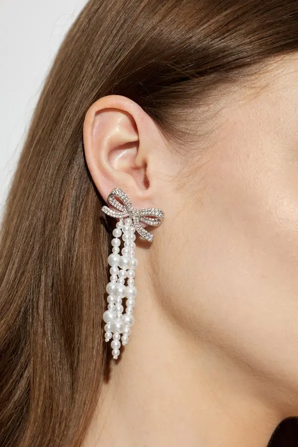 SELF-PORTRAIT Glass Pearl Bow Earrings - Silver