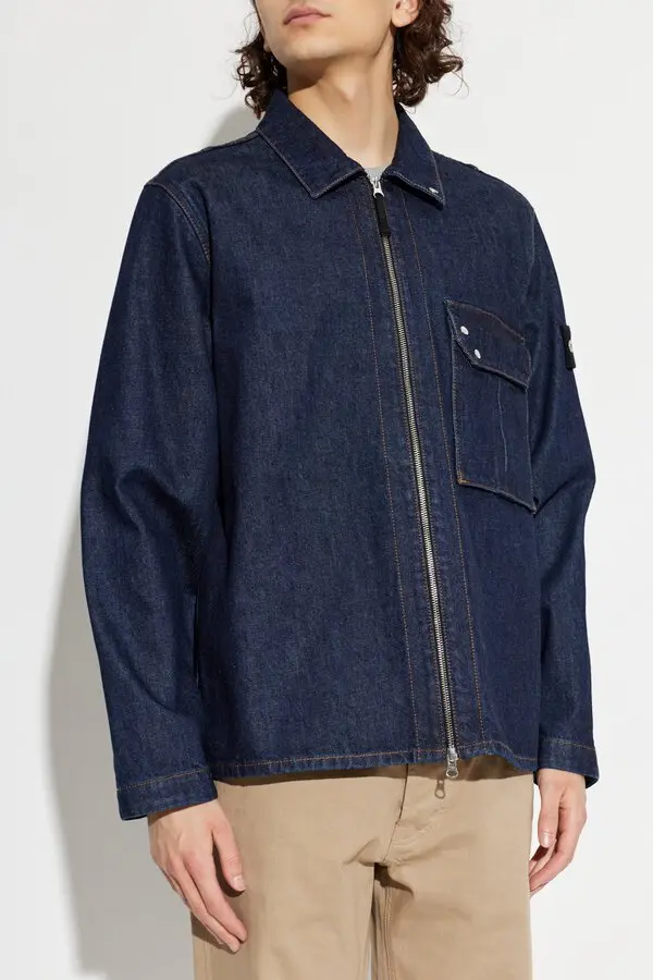 Stone Island Denim Jacket With Logo Patch - Navy Blue