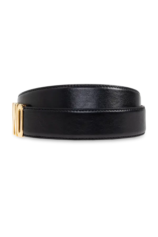 Moschino Leather Belt With Gold Tone Logo Buckle - Black