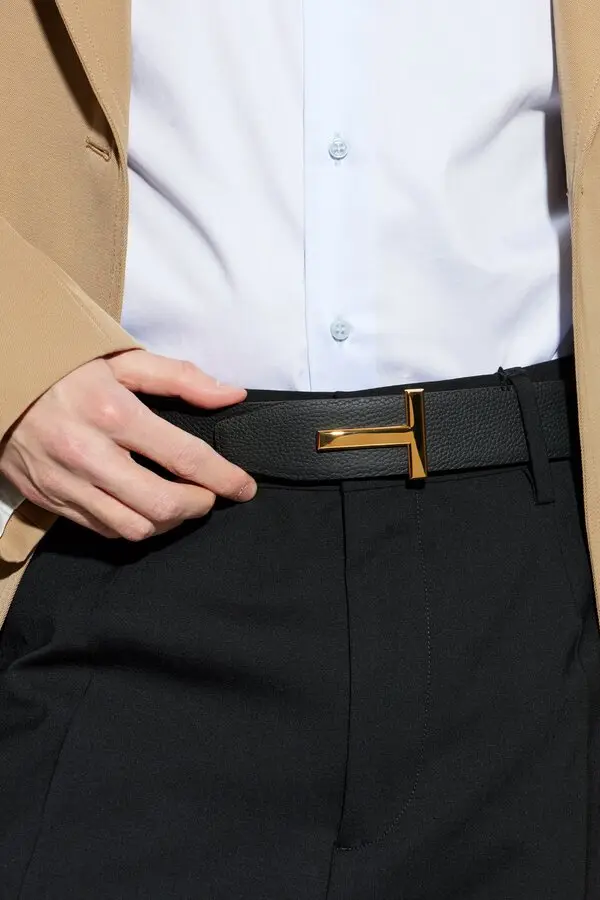 TOM FORD Reversible Leather Belt With Gold-toned Buckle - Black
