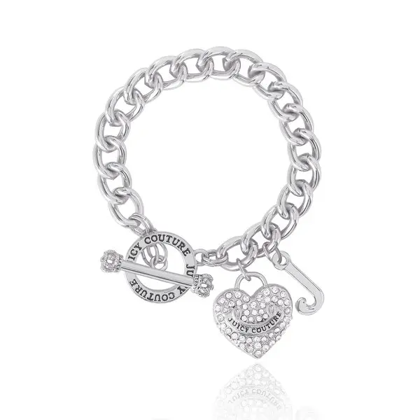Juicy Couture Crystal Heart Charm Toggle Bracelet - Silvertone