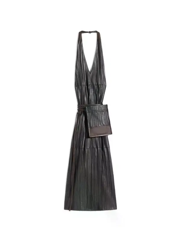 LEMAIRE Pleated Leather Apron Dress - Brown
