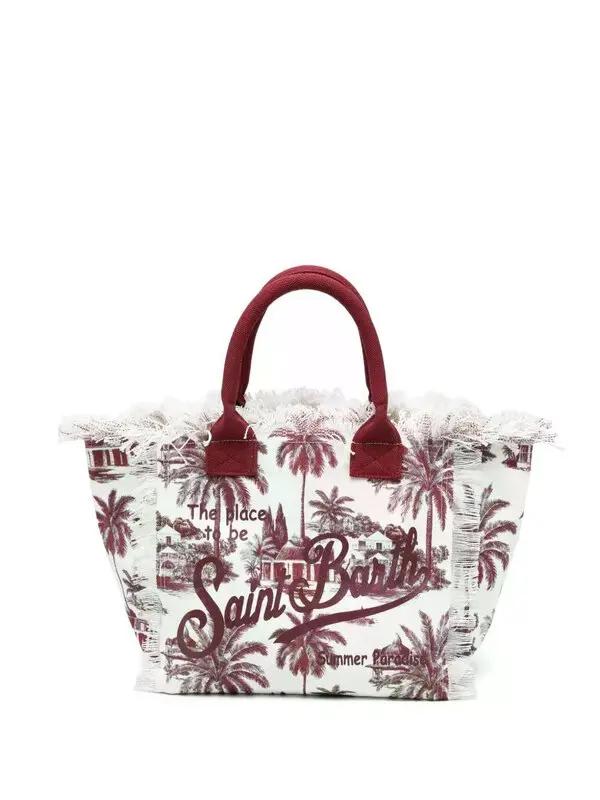 MC2 SAINT BARTH Printed Tote Bag With Fringed Trim - White