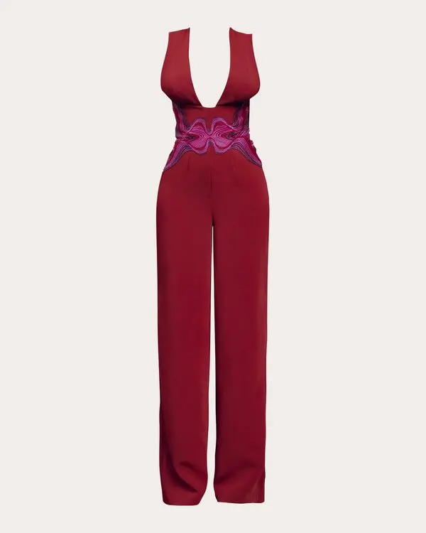 ANDREA IYAMAH Mila Embroidered Fringe Jumpsuit - Red
