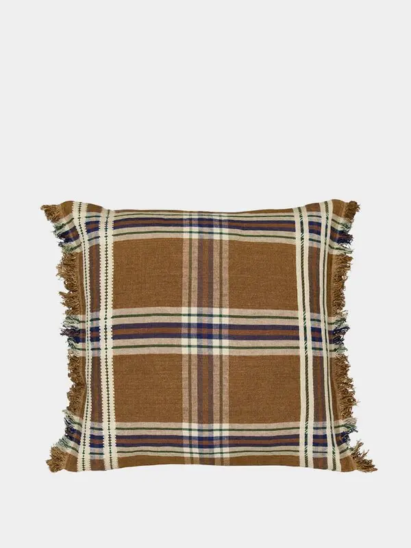 Libeco Linen Plaid Cushion With Fringed Edges - Brown