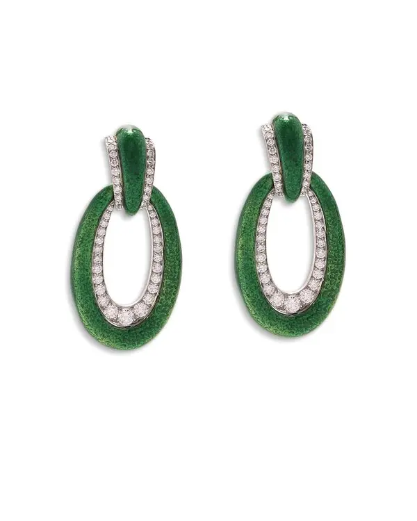 David Webb Platinum And 18k White Gold Diamond And Enamel Hoop Earrings - Green
