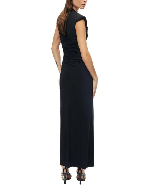 NOCTURNE Ruched Deep V-neck Maxi Dress - Black