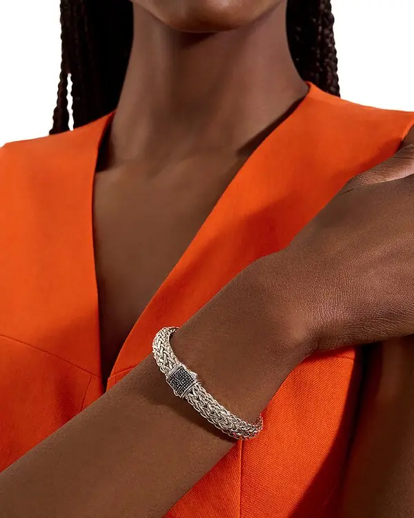 John Hardy Sterling Woven Link Bracelet With Black Sapphire Pave Clasp - Silver