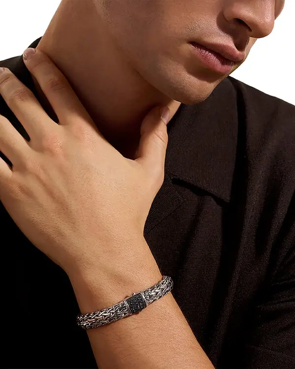 John Hardy Sterling Woven Link Bracelet With Black Sapphire Pave Clasp - Silver