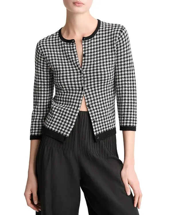 Vince Gingham Three Quarter Sleeve Cardigan - Black/off White