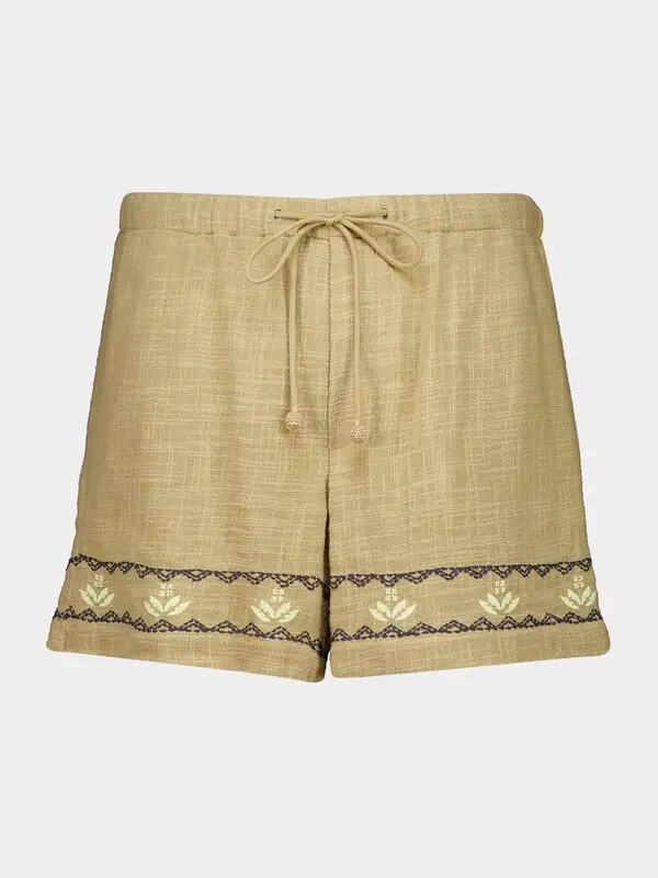 BAZISZT Embroidered Cotton Shorts - Beige