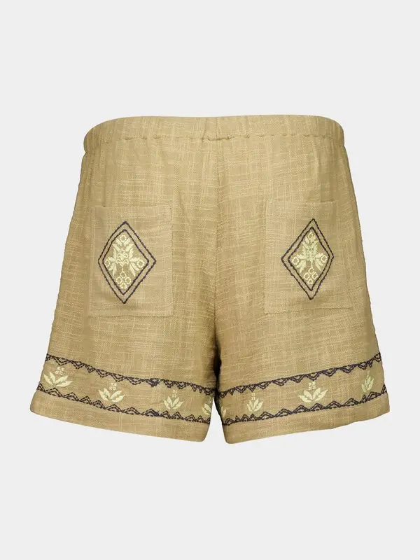 BAZISZT Embroidered Cotton Shorts - Beige