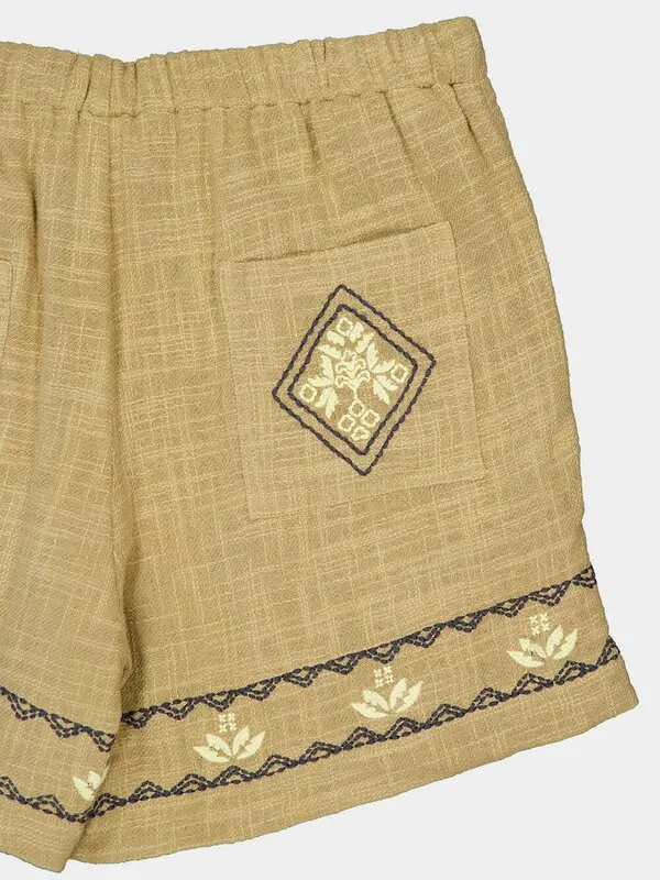 BAZISZT Embroidered Cotton Shorts - Beige