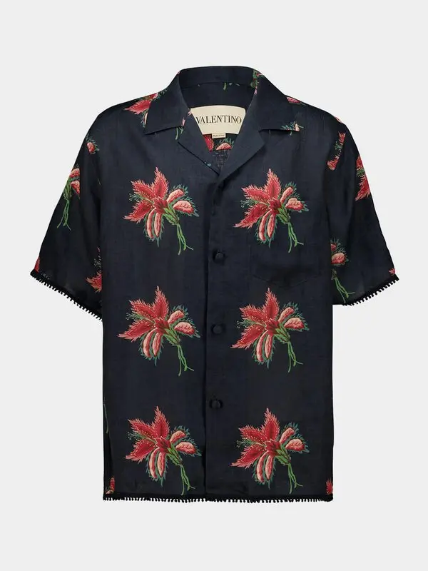 Valentino Garavani Linen Bowling Shirt With Red Papier Floral Print - Black