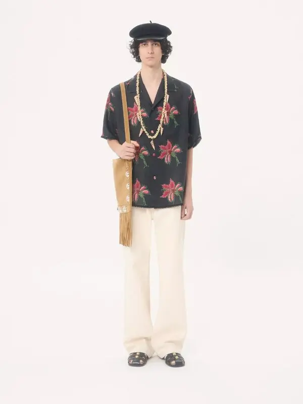Valentino Garavani Linen Bowling Shirt With Red Papier Floral Print