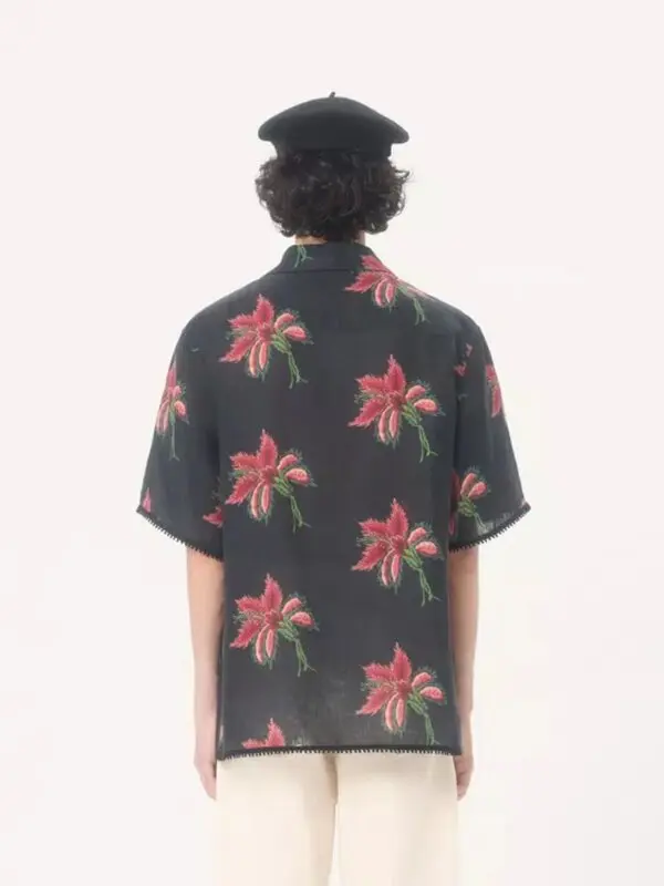 Valentino Garavani Linen Bowling Shirt With Red Papier Floral Print