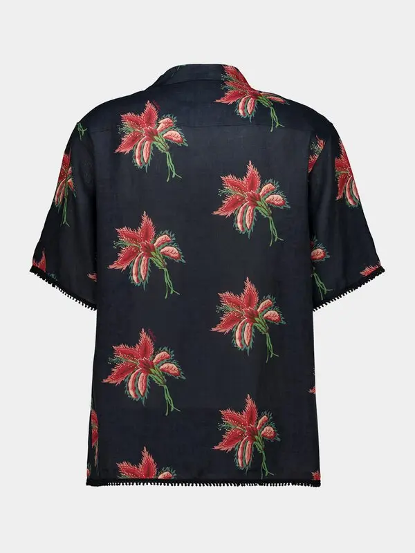 Valentino Garavani Linen Bowling Shirt With Red Papier Floral Print