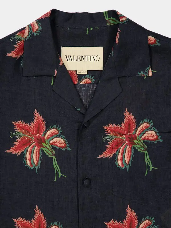 Valentino Garavani Linen Bowling Shirt With Red Papier Floral Print