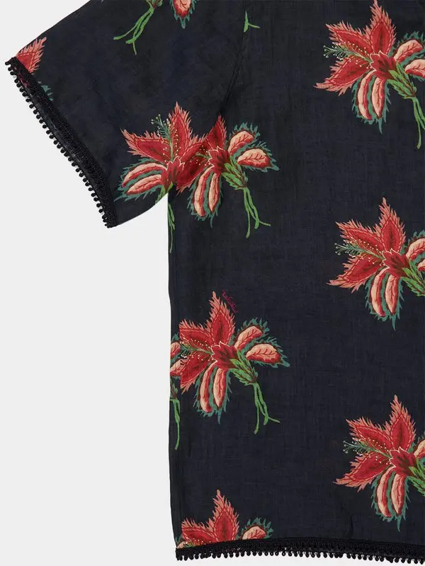Valentino Garavani Linen Bowling Shirt With Red Papier Floral Print