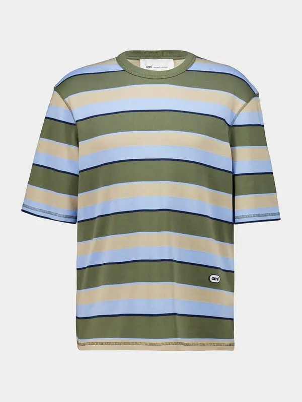 AMI Paris Blue And Khaki Striped Cotton Oversize T-shirt - Multicolour