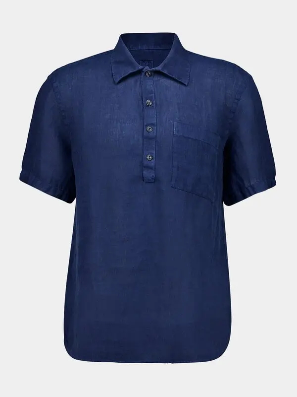120% Lino Navy Linen Short-sleeve Regular Shirt - Blue