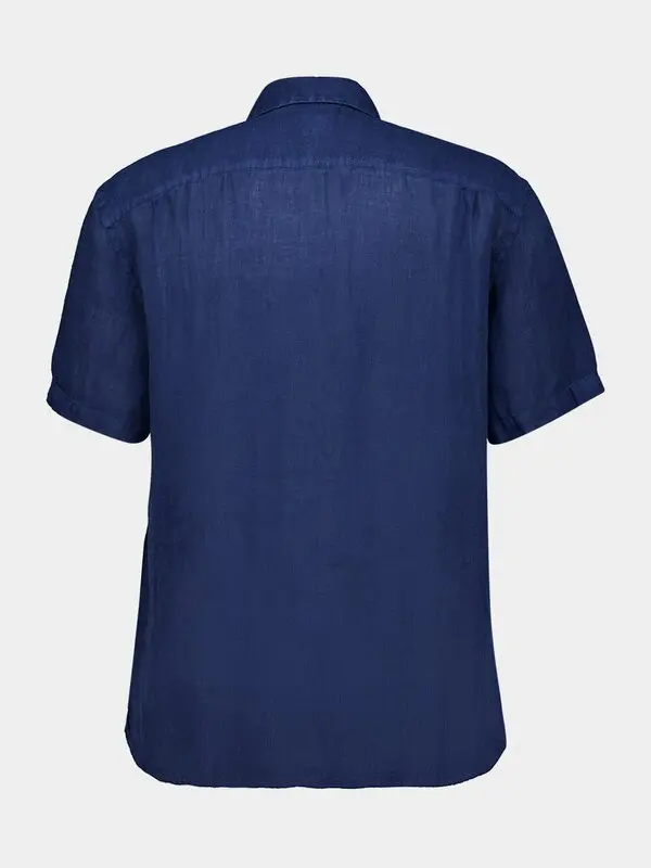 120% Lino Navy Linen Short-sleeve Regular Shirt - Blue