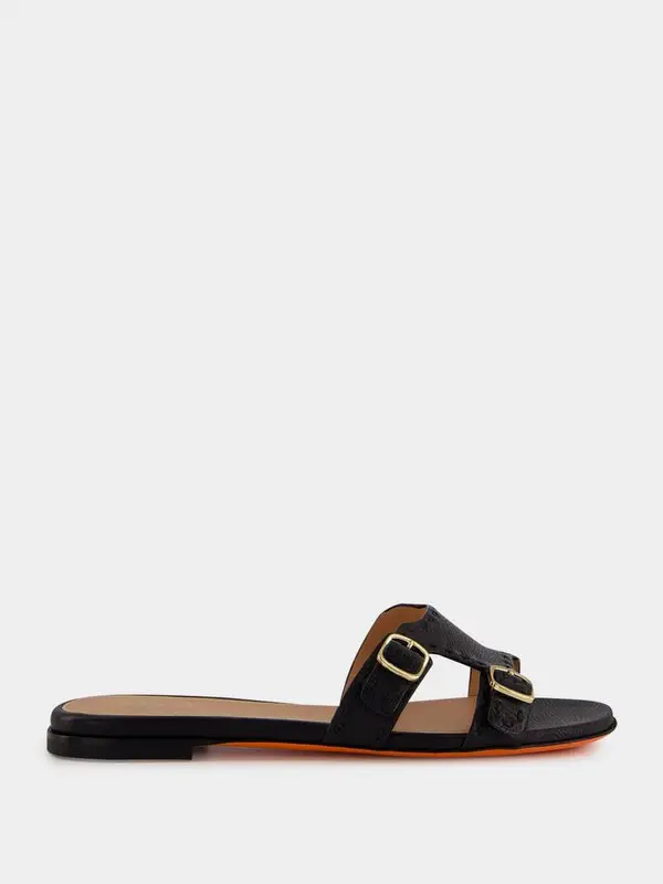 Santoni Didi Granato Leather Slide Sandals - Black