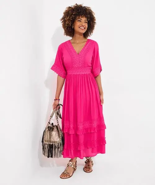 JOE BROWNS Crochet Trim Boho Midi Dress - Fuchsia