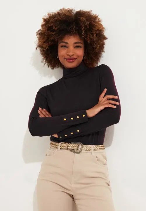 JOE BROWNS Stretch Knit Turtleneck Tee With Button Details