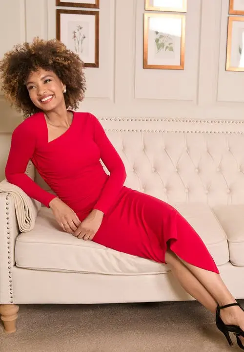 JOE BROWNS Asymmetrical Midi Dress With Ruching And Long Sleeves